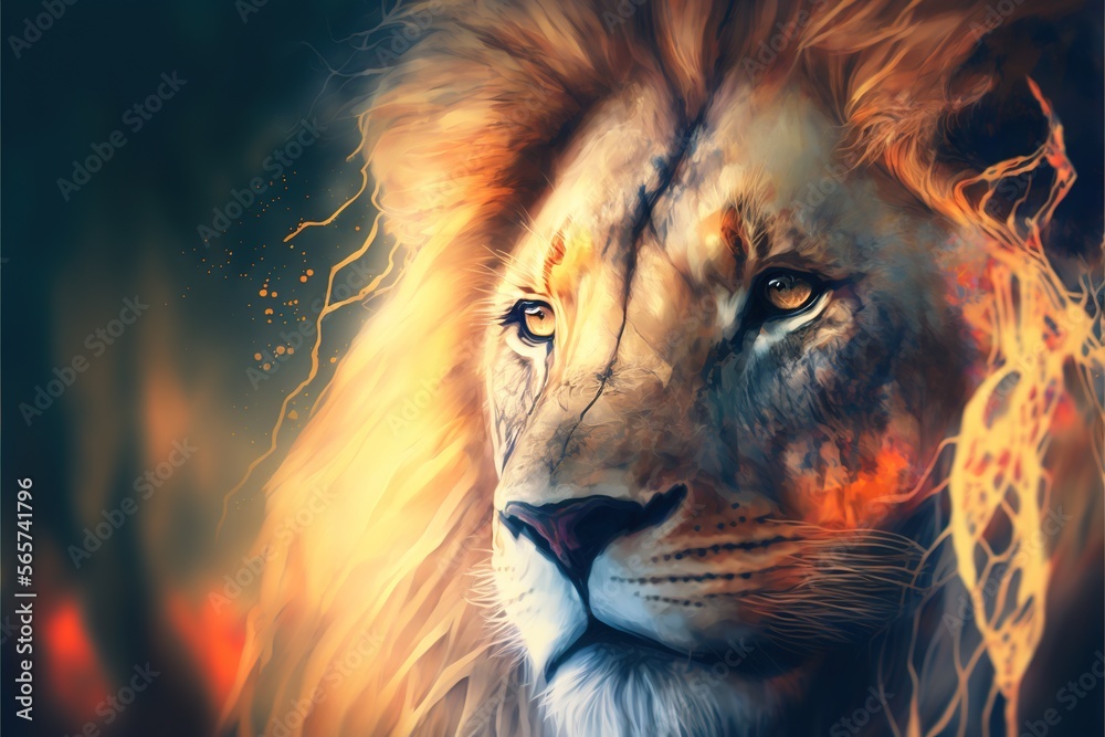 a lion with a firey mane and blue eyes is shown in this artistic ...