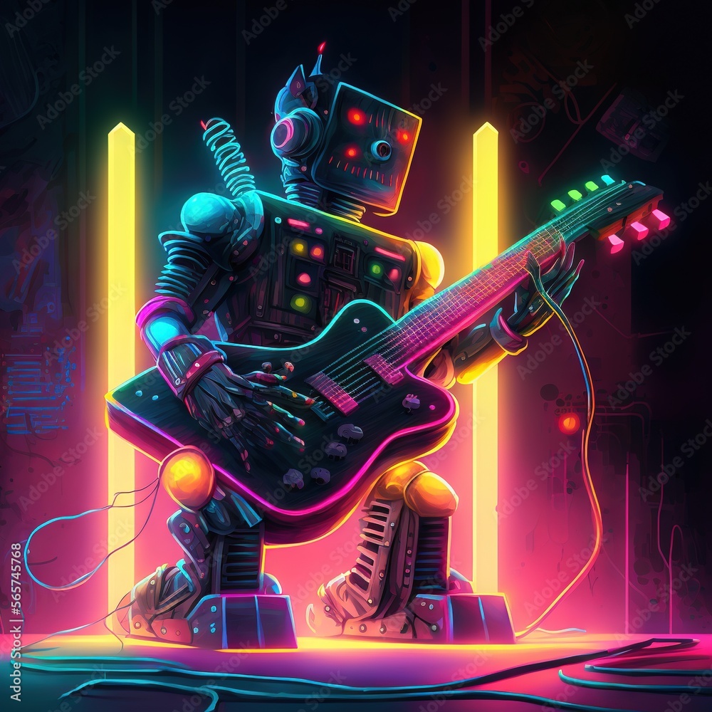 a robot playing a guitar in a neon room with neon lights and a ...