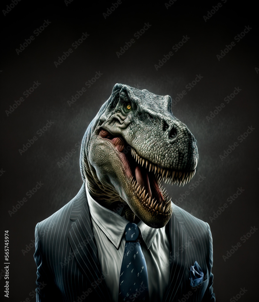 T-rex dinosaur, Tyrannosaurus rex aggressive dinosaur dressed in a expensive business suit and ...