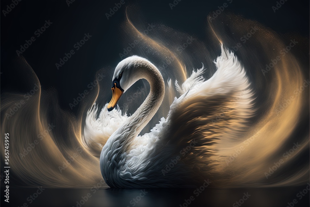 a swan is shown in a surreal photo with a black background and a yellow ...