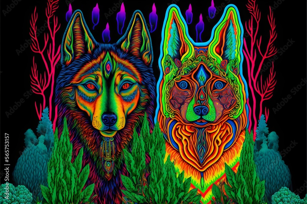two wolves psychedelic amazon tribal vines and snakes and cactus ...