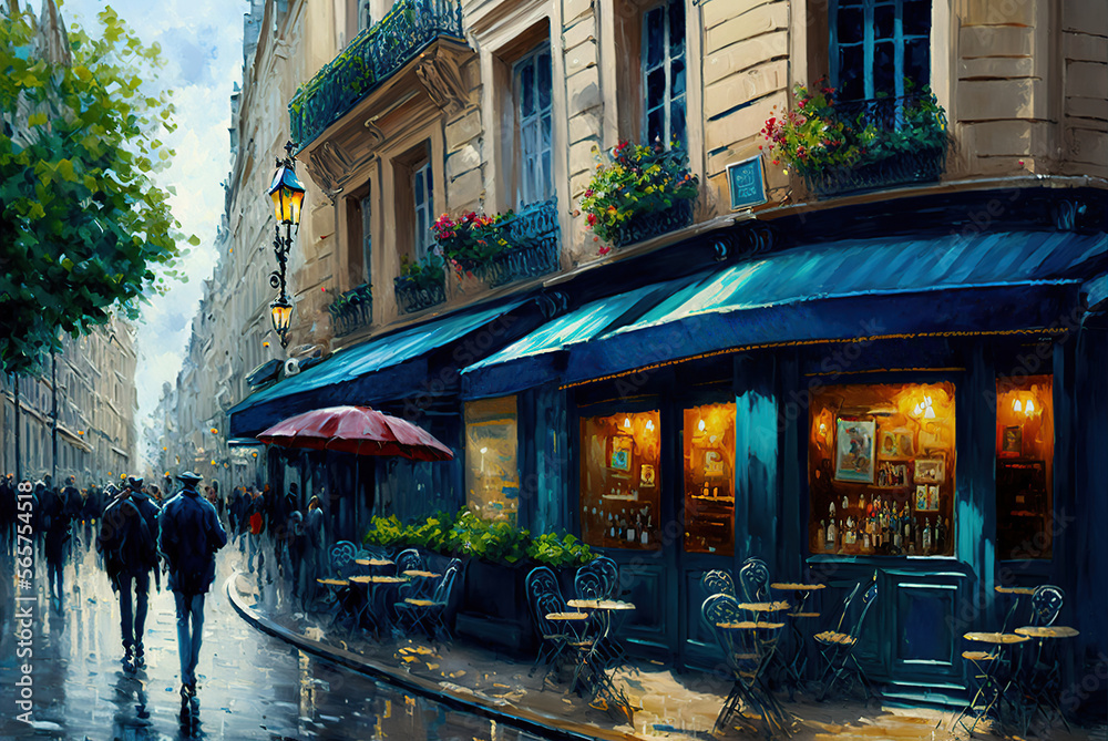 A café in Paris is charming and lively, showing narrow and picturesque ...