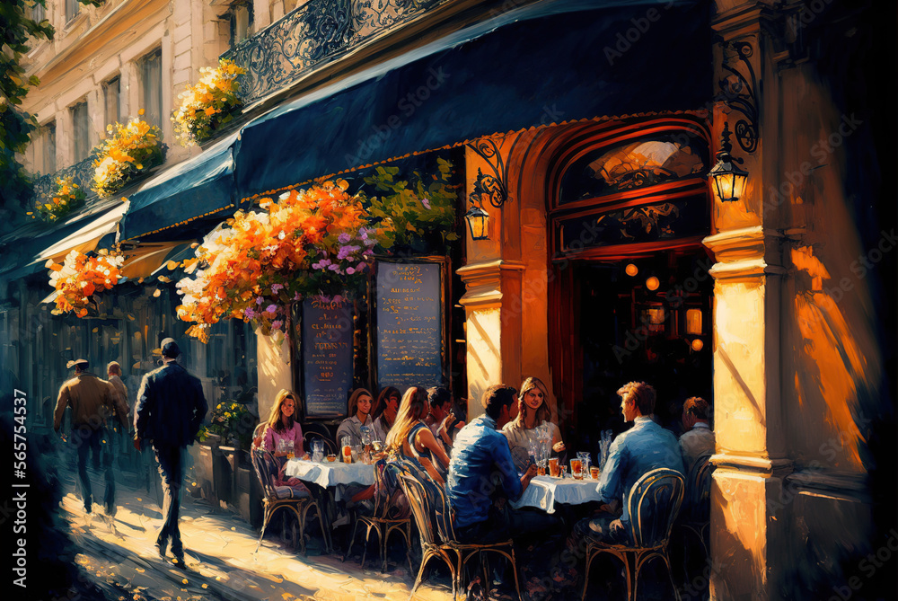 A café in Paris is charming and lively, showing narrow and picturesque ...