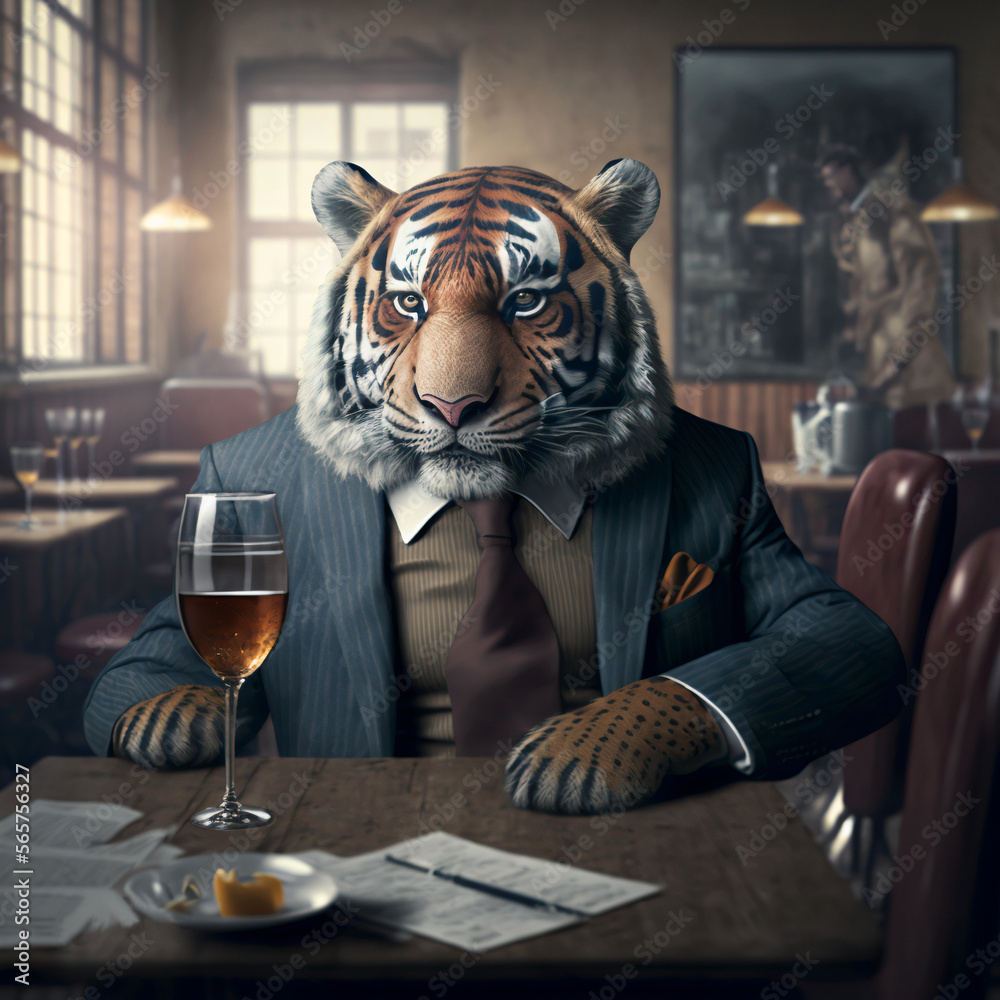 Realistic tiger in a suit in a restaurant with a glass of wine ...
