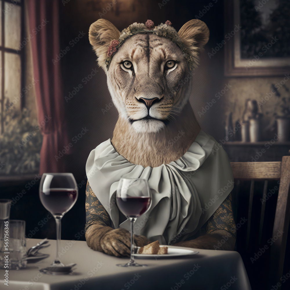 Realistic lioness in a dress in a restaurant with a glass of wine ...