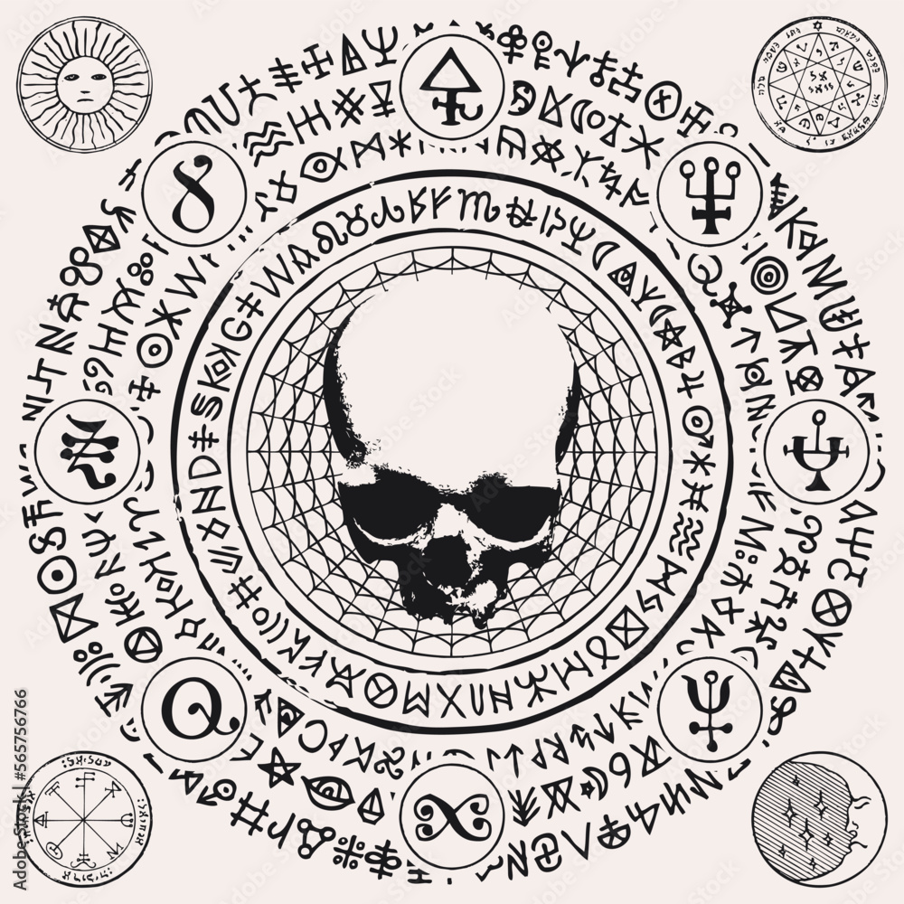 Vector illustration with people skull, pentagram, occult and witchcraft ...