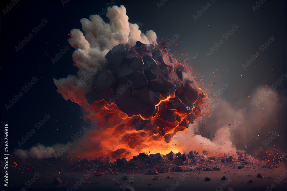 Fiery bomb explosion with sparks and smoke. Huge, extremely hot ...