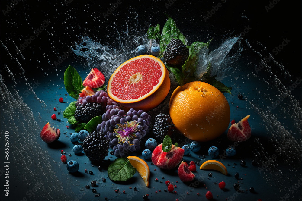 Fruits mix splash into the water. Fruits in the air. Fruit explosion in ...
