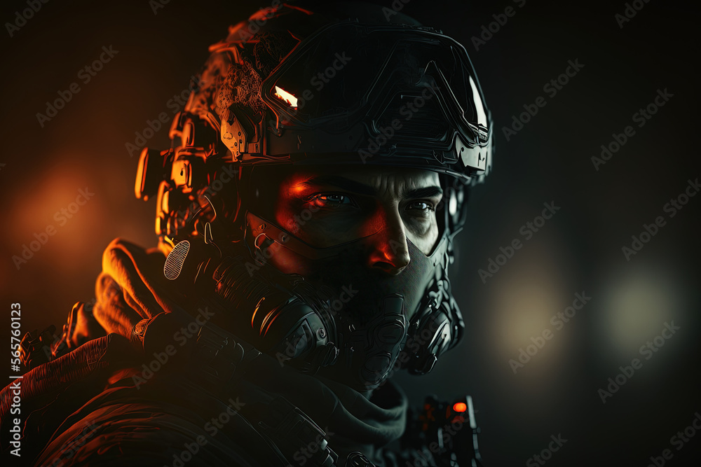 Armed and ready: A close-up of a soldier's face. Close-up face portrait ...