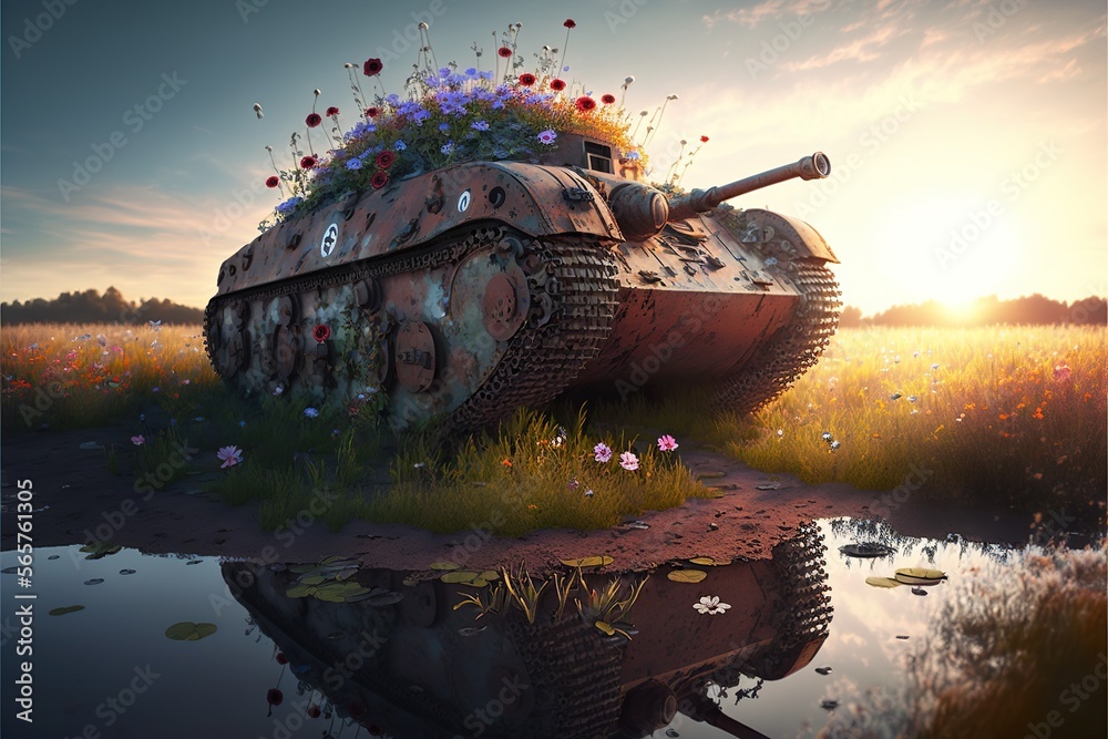 Old tank overgrown with flowers, on a lawn, in the evening, against the ...