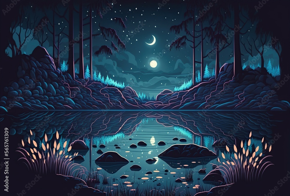 cartoon illustration, night landscape with lake under the moonlight, AI ...