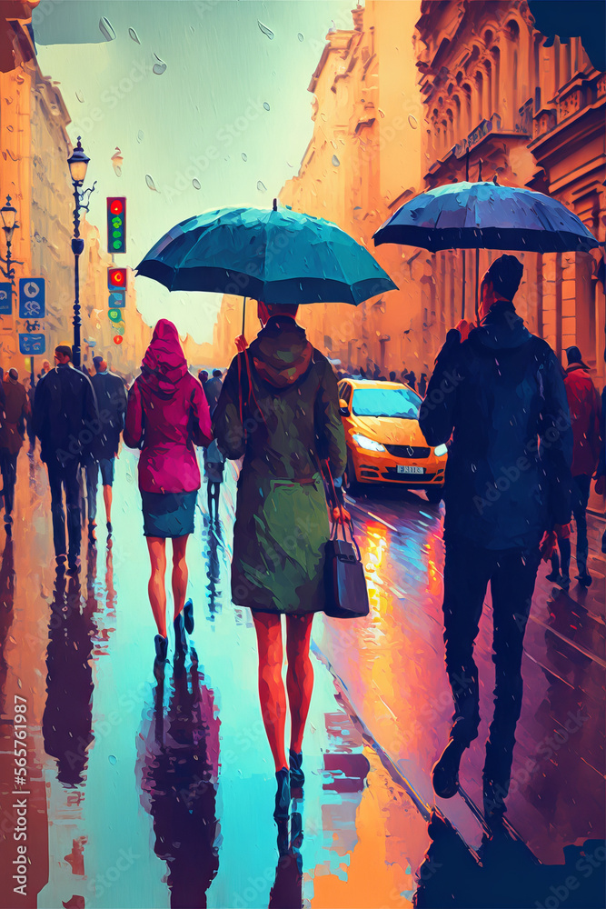People in the rain holding umbrellas walking down a city street. Generative AI illustration ...