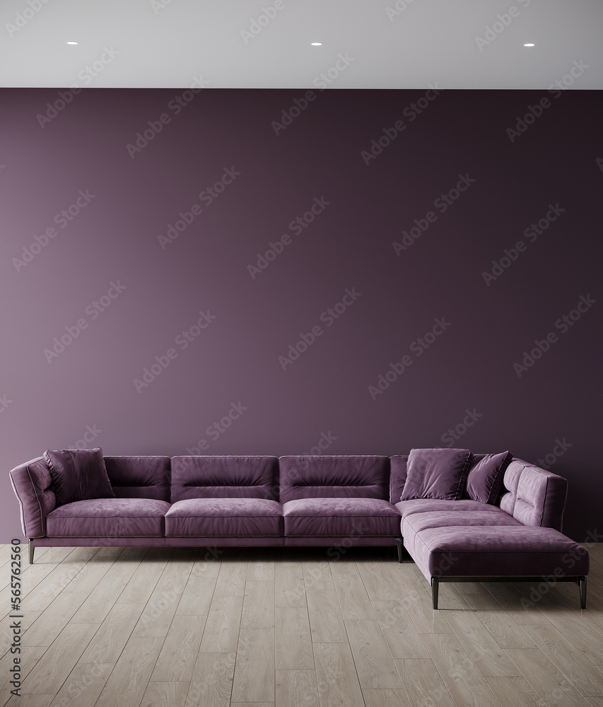 Spectacular plum colored accent wall. Bright couch in purple violet ...