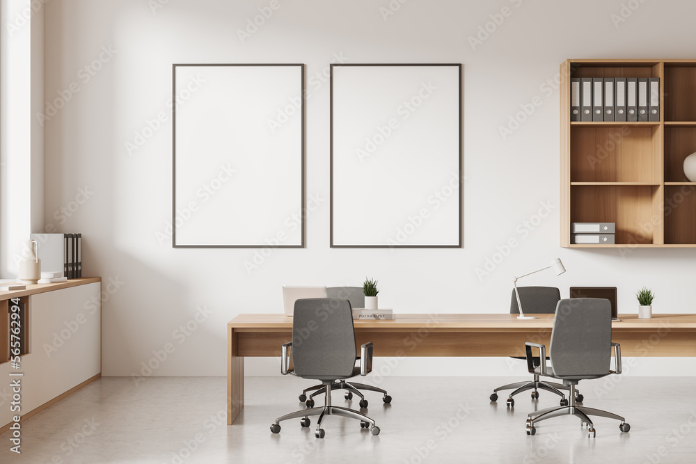Bright office room interior with two empty white posters Stock ...