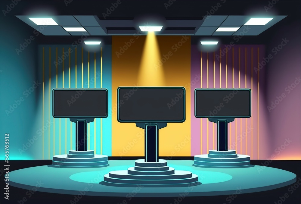 cartoon illustration, interior of the stage, game with questions and ...