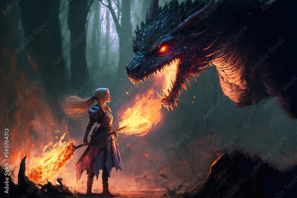 illustration painting of fantasy scene showing the girl fighting the ...