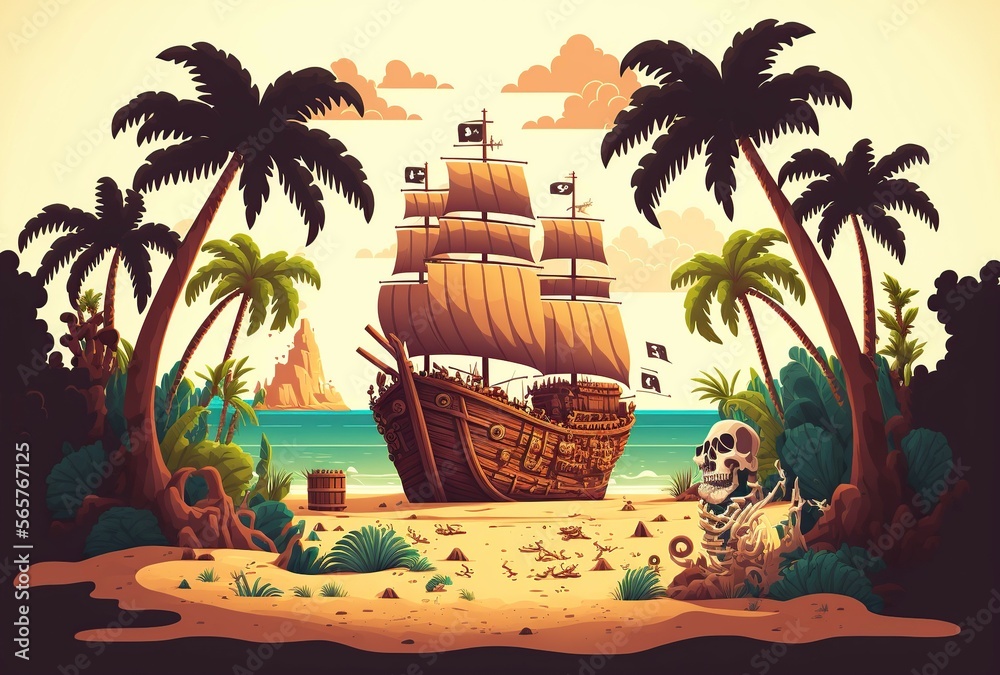 cartoon illustration, pirate ship on a tropical island, generative AI ...