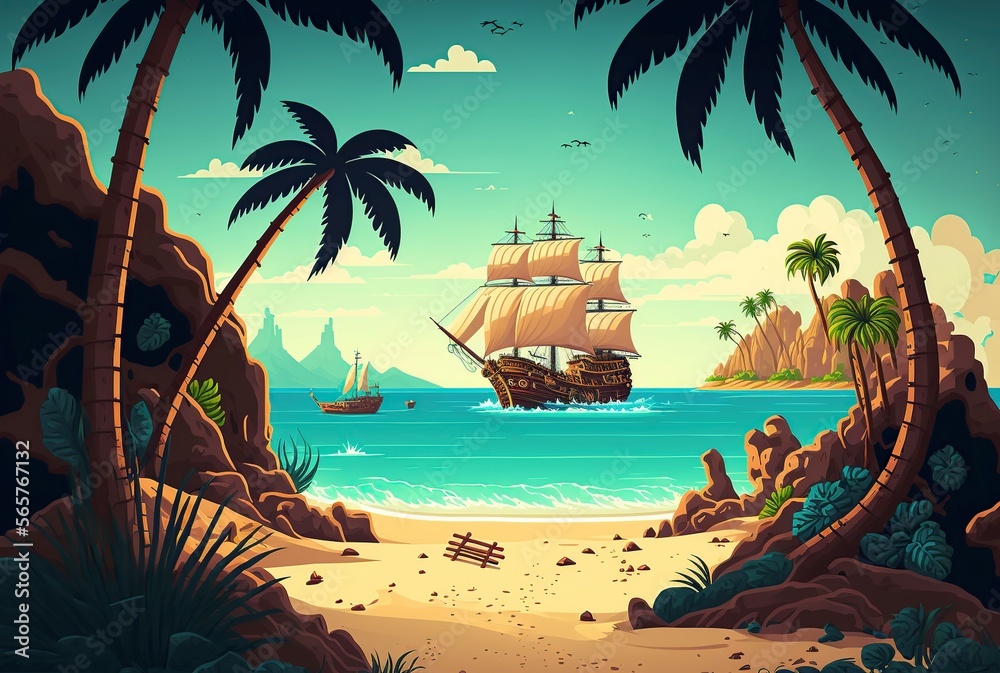 cartoon illustration, pirate ship on a tropical island, generative AI ...