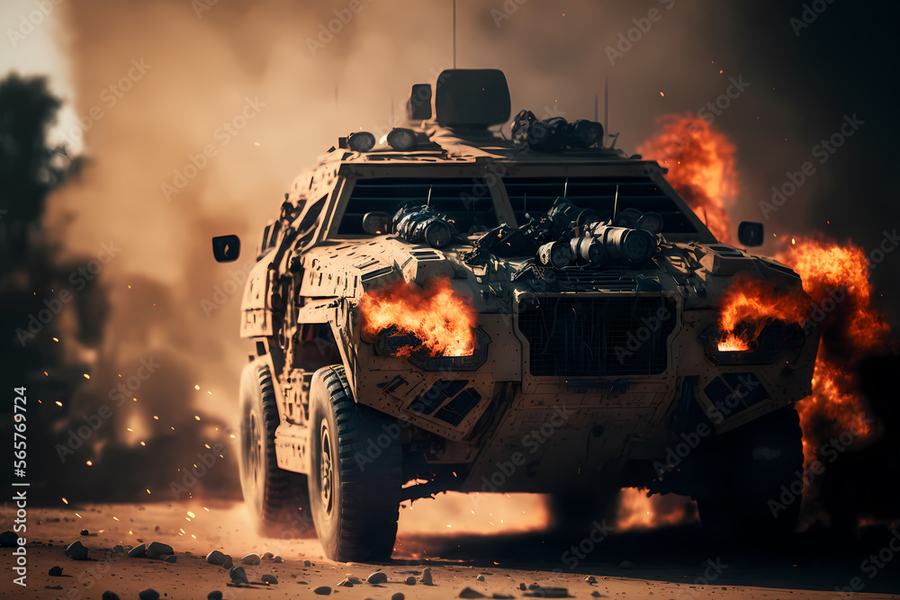 War battle accident with transport hit by mine or rocket. Burning ...