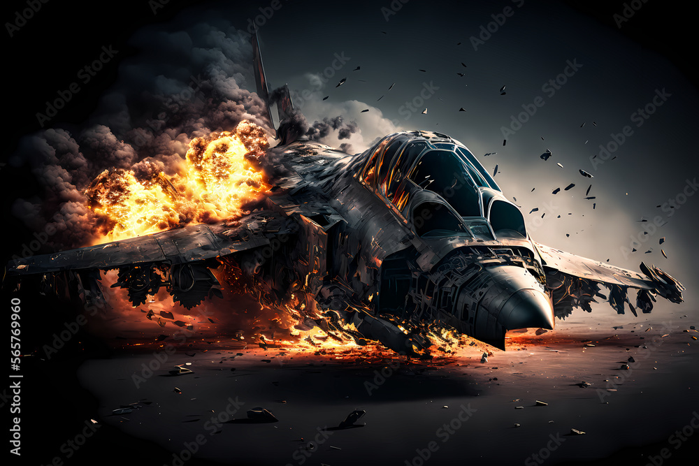Burning falling military fighter plane. War accident Air Crash ...