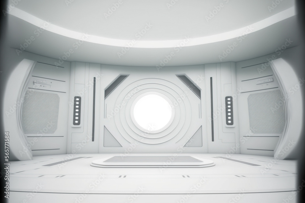Futuristic stage in a spaceship showroom floor with copy space for ...