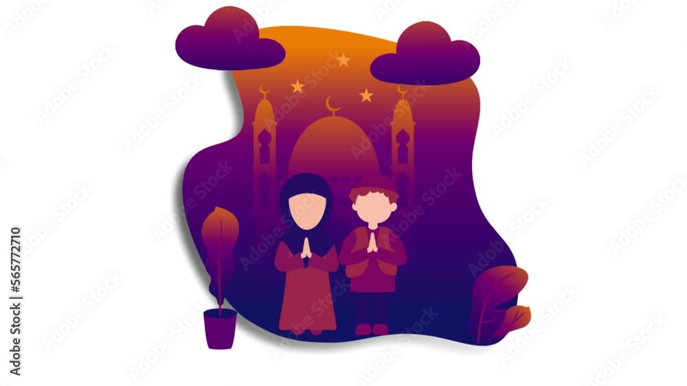Animation Ramadan concept illustration. Happy Muslim people celebrate ...