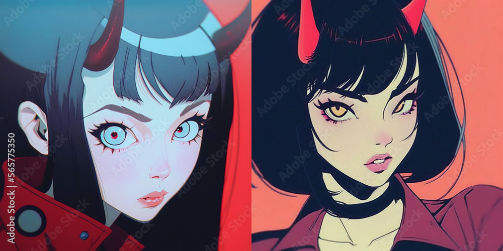 Anime style Demon girl, illustration. Retro film style portrait ...