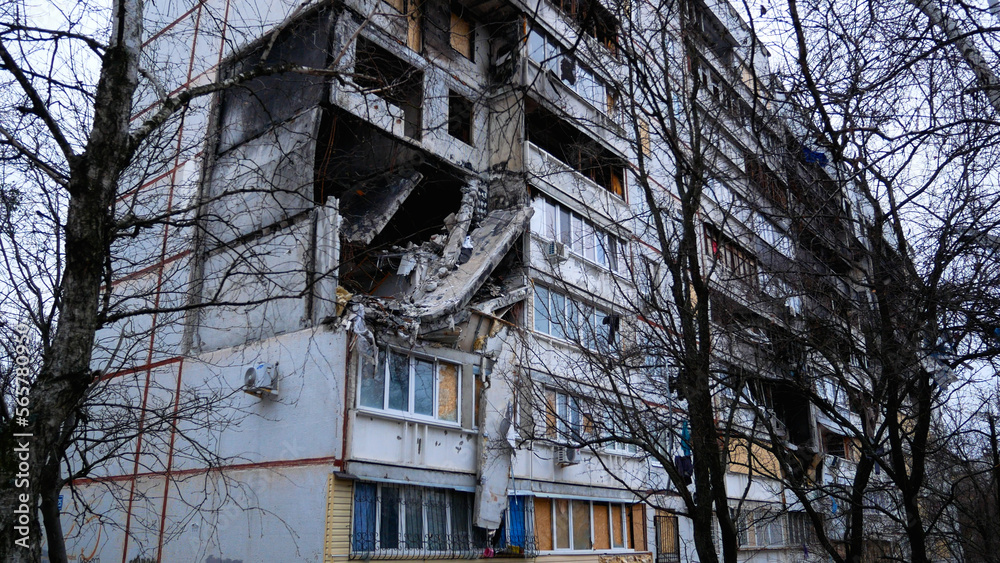 Destroyed by a Russian missile strike, a multi-storey building in a ...