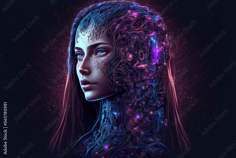 Artificial Intelligence in Action: Humanoid Cyber Girl with Neural Network Processing Big Data ...