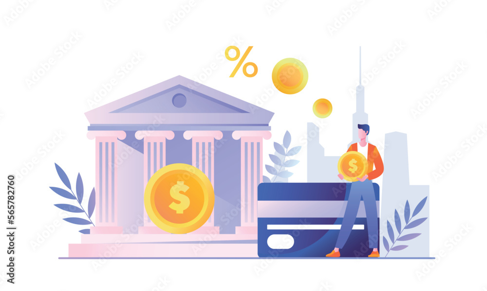 Paying credit to bank. Man with map and gold coins on background of ...