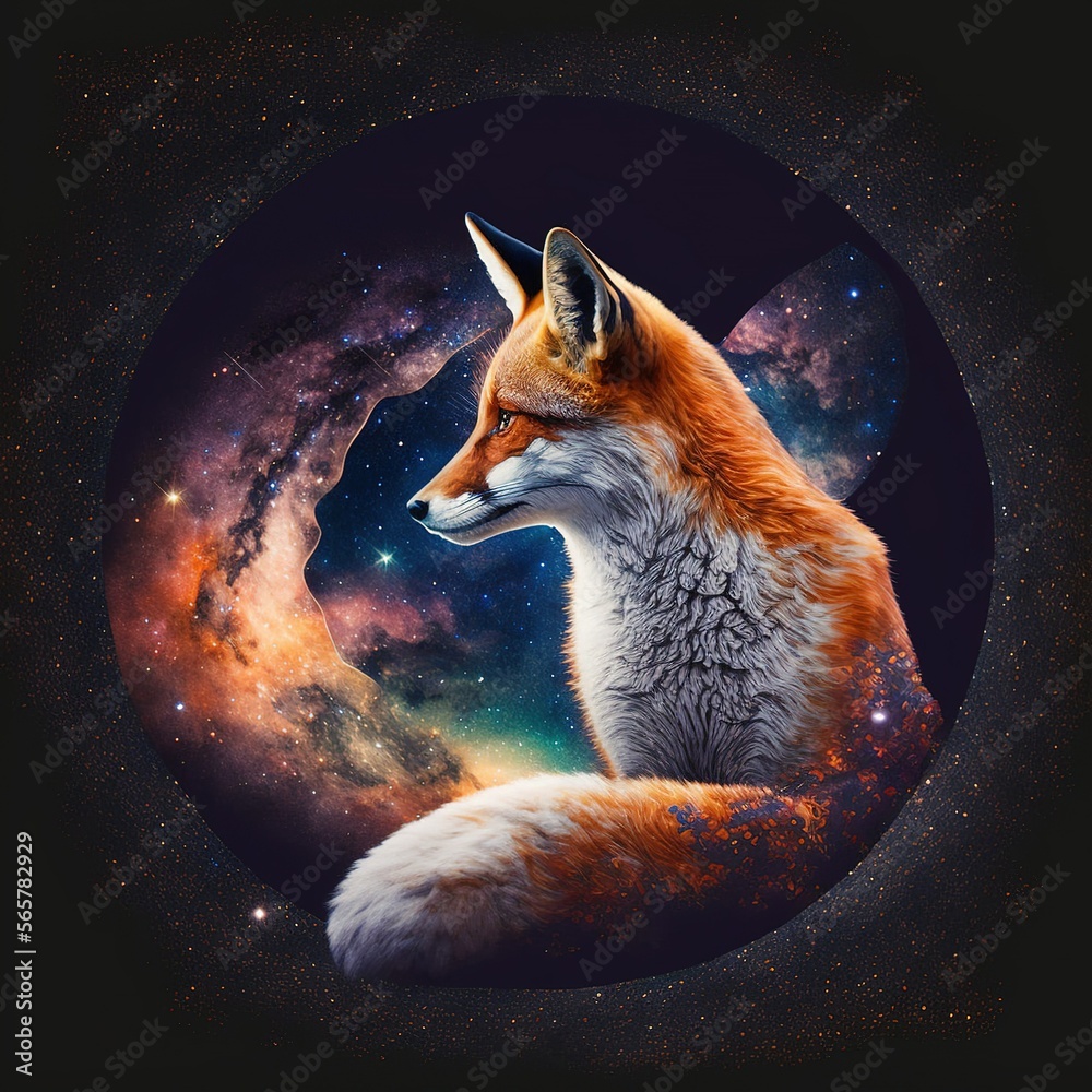 One Fox with moon sky space milky way galaxy - Ganerative AI Stock ...