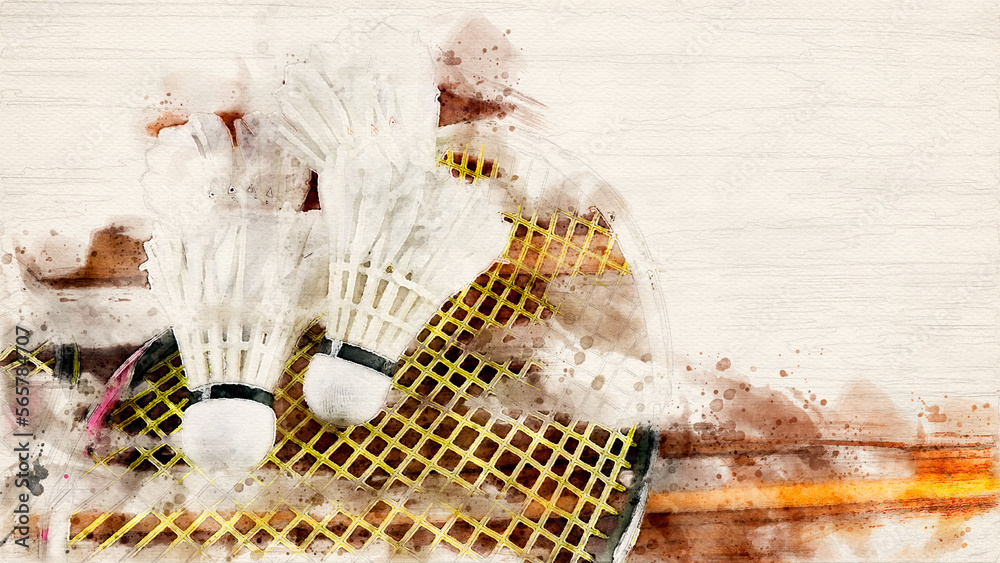 Artificial drawing of broken badminton rackets and white badminton ...