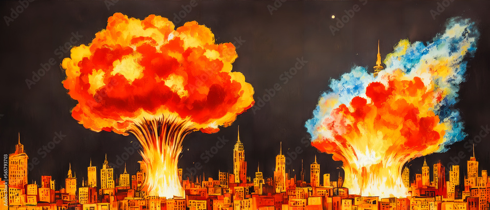 Abstract painting of Aftermath of an atomic bomb explosion in city with ...