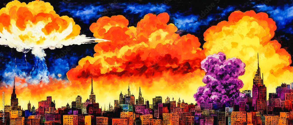 Abstract painting of Aftermath of an atomic bomb explosion in city with ...