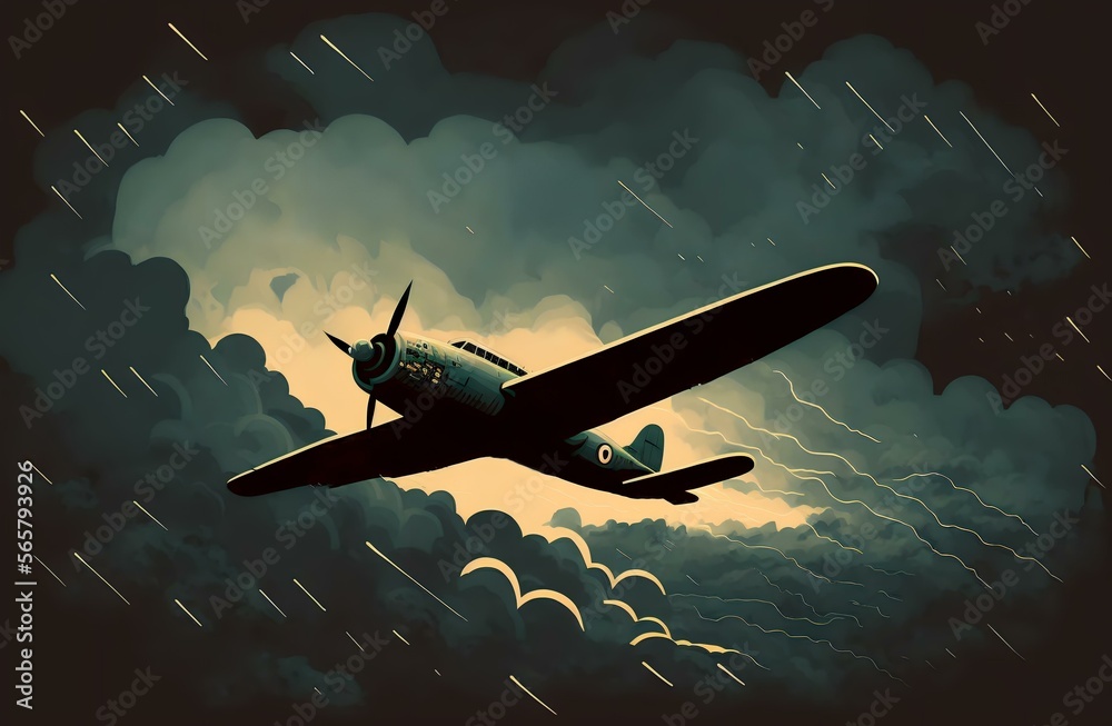 small plane flying below a stormy sky, with dark clouds and lightning ...