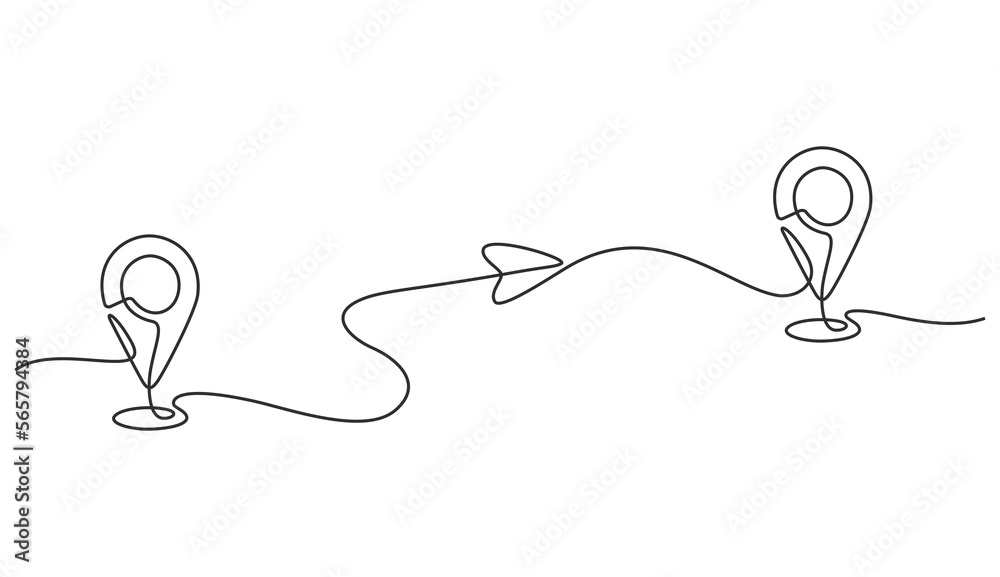 Continuous one line drawing of path and Location pointers. Simple pin between two points in thin ...