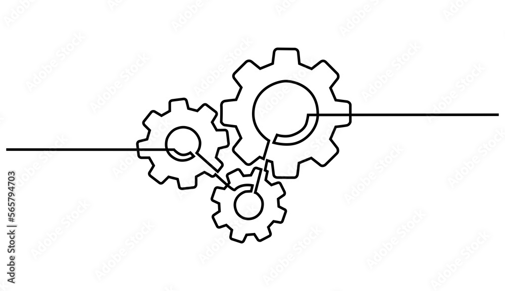 Continuous line drawing of machine gears. concept of gears on a machine ...