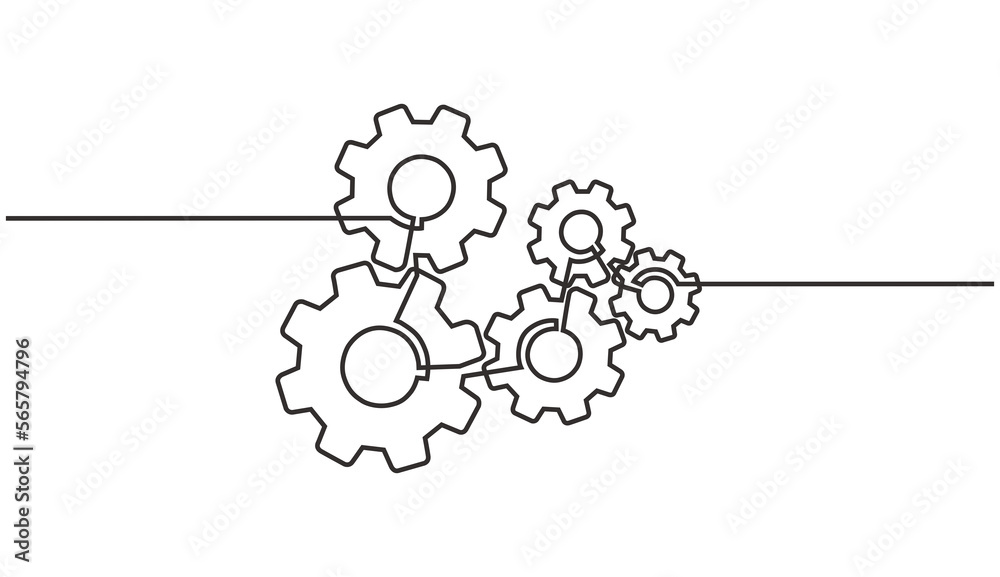 Continuous line drawing of machine gears. concept of gears on a machine ...