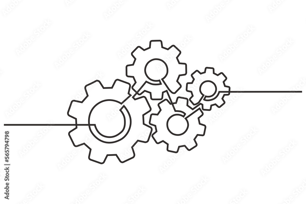Continuous line drawing of machine gears. concept of gears on a machine ...
