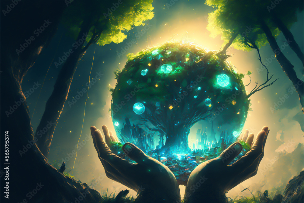 A green forest surrounding a globe-shaped glass with plans and trees ...