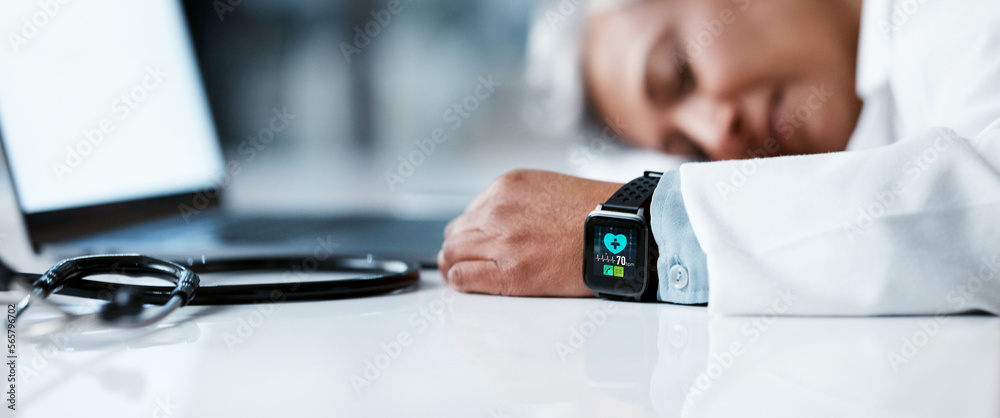 Tired doctor, woman and sleep in night with smartwatch, laptop and ...