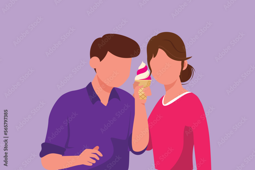 Graphic flat design drawing of romantic couple standing and sharing ice ...