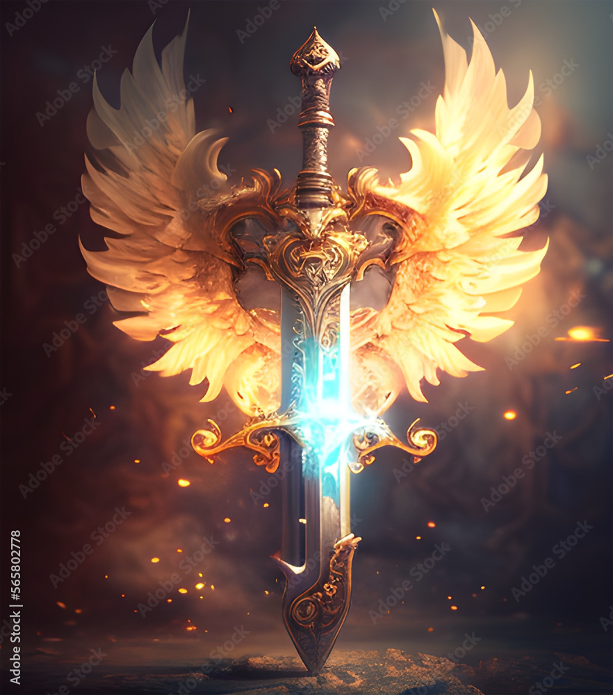 Gorgeous fantasy sword golden wings angel Digital Illustration on sunny ...