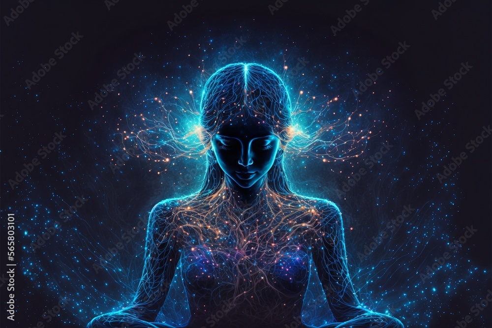 Inner peace. Woman meditating connecting to space with neural network ...