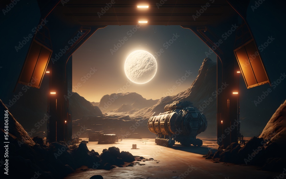 Planet station deck center with the moon, first-person view, Spaceship ...