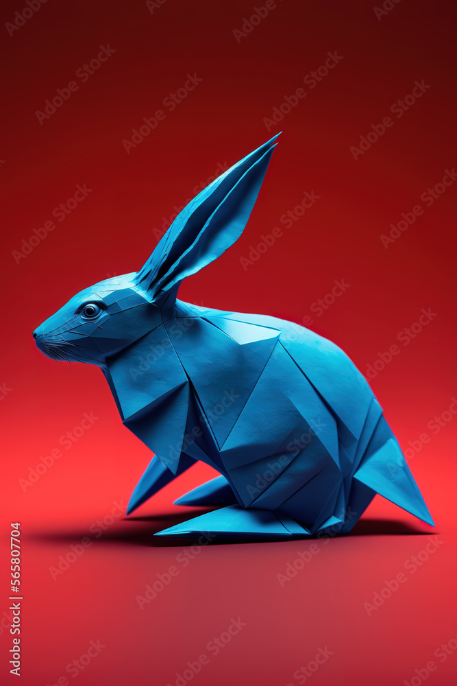 Blue rabbit made with origami over red background. Chinese new year ...