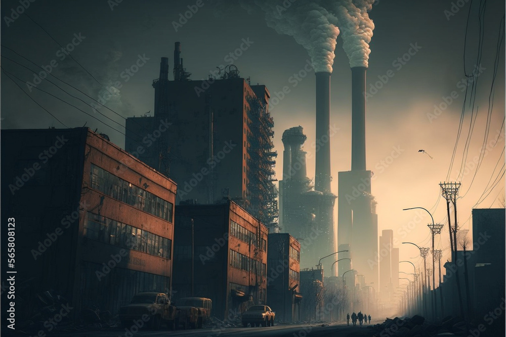 Polluted City with Toxic smoke and covered sky. Environmental disaster ...