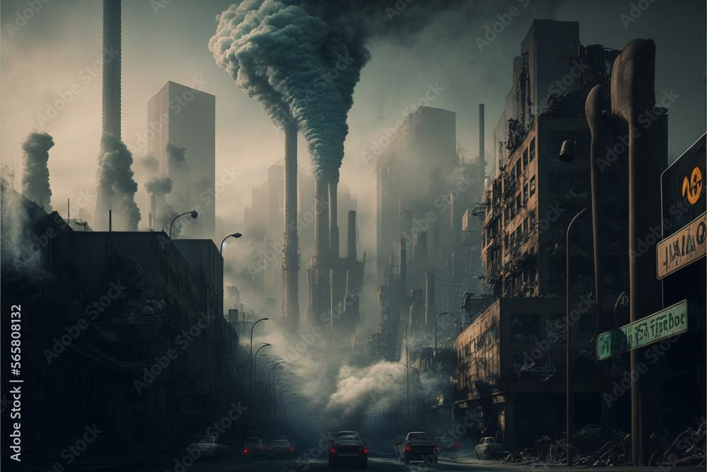 Polluted City with Toxic smoke and covered sky. Environmental disaster ...