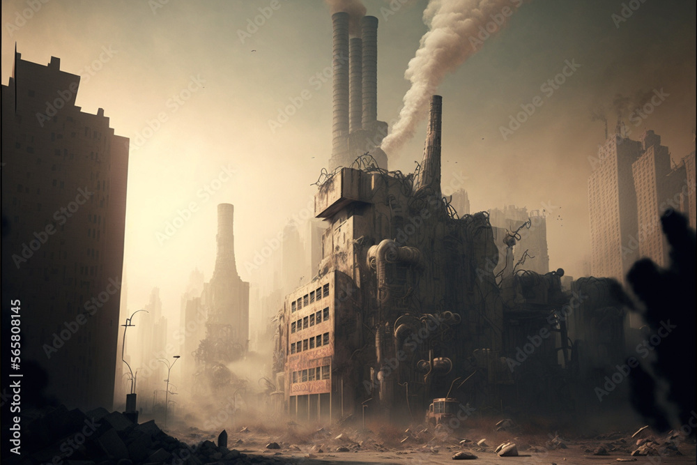 Polluted City with Toxic smoke and covered sky. Environmental disaster ...