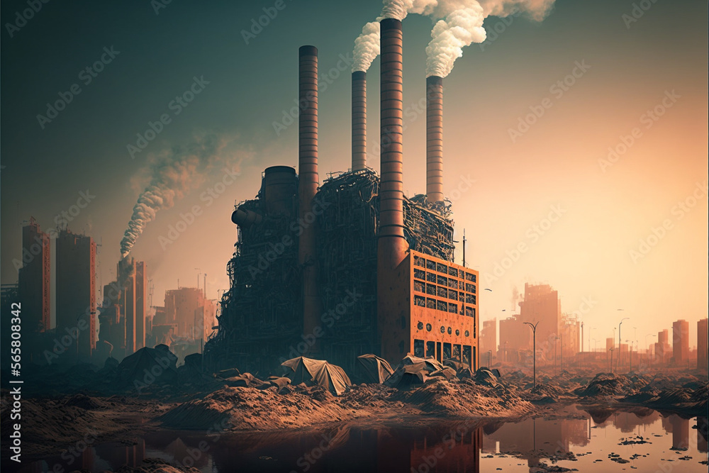 Polluted City with Toxic smoke and covered sky. Environmental disaster ...